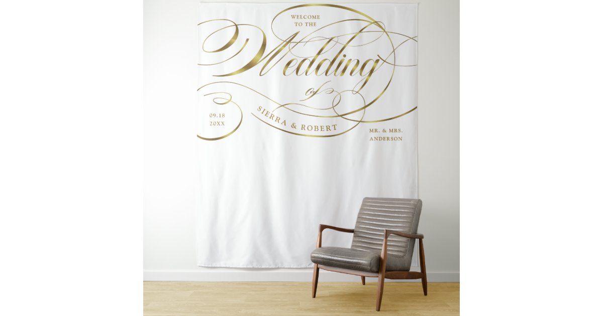 Wedding Welcome Elegant Gold Curved Script Banner Tapestry | Zazzle