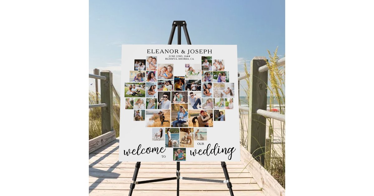 Wedding Welcome Heart Shape Photo Collage Square Foam Board | Zazzle