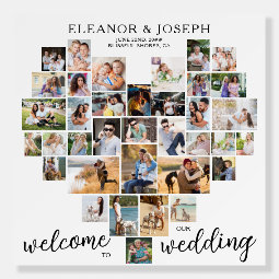 Wedding Welcome Heart Shape Photo Collage Square Foam Board | Zazzle