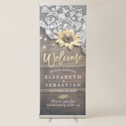 Wedding Welcome Lace Sunflower Rustic Wood Lights Retractable Banner ...