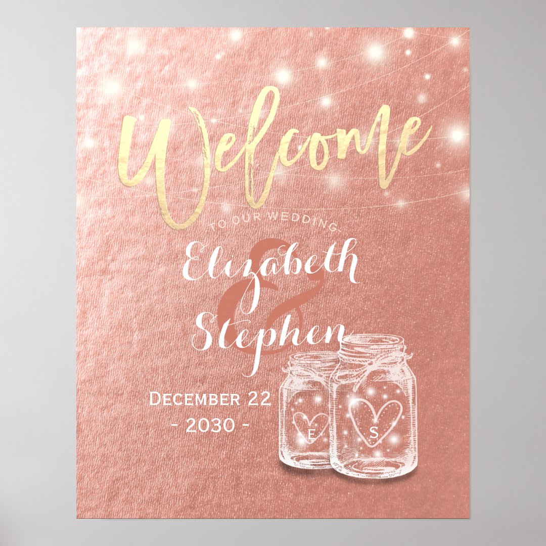 Wedding Welcome Mason Jars String Lights Rose Gold Poster | Zazzle
