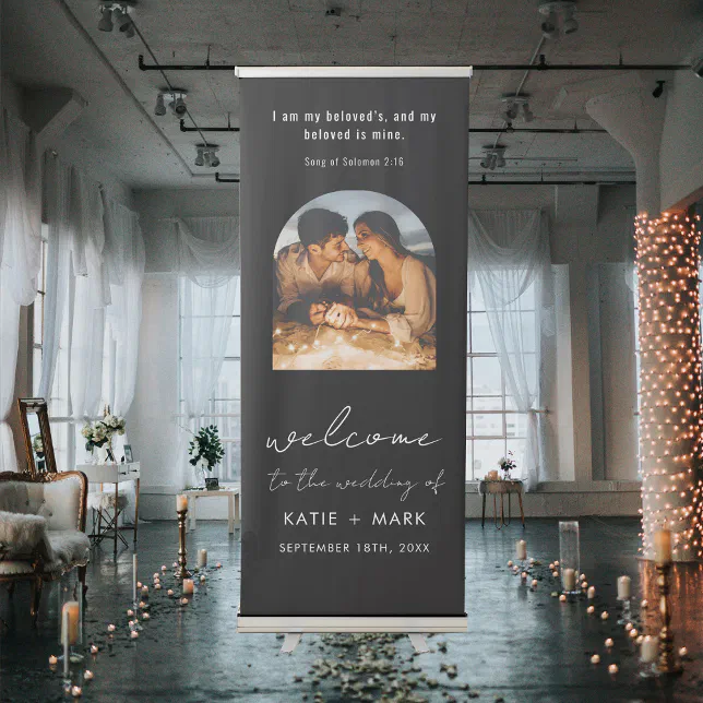 Wedding Welcome Minimalist Arch Photo Black Retractable Banner | Zazzle