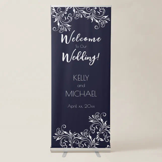 Wedding Welcome Navy and White Elegant Retractable Banner | Zazzle