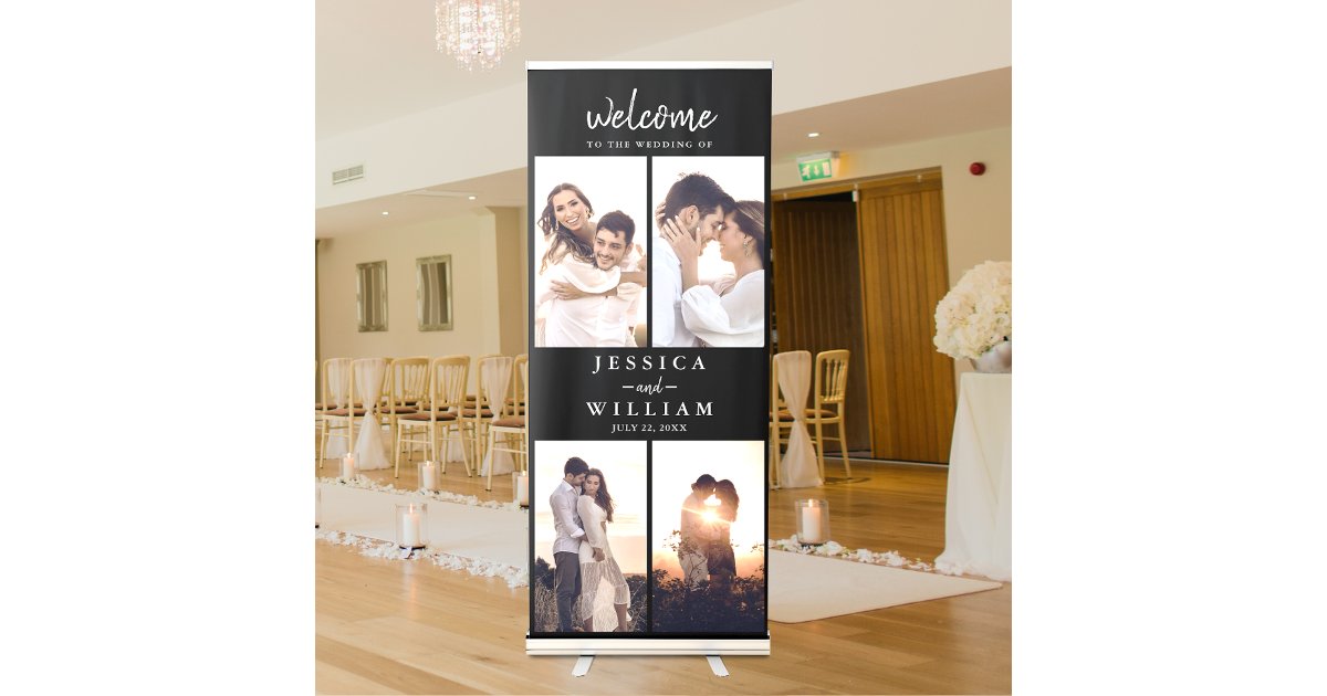Wedding Welcome Photo Collage Black Retractable Banner | Zazzle