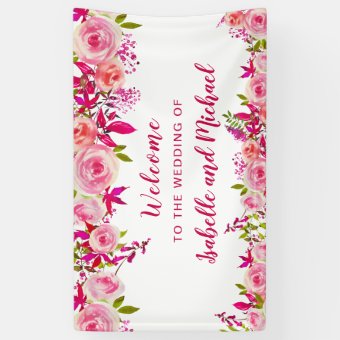 Wedding Welcome Pink Rose Berry Watercolor Floral Banner | Zazzle