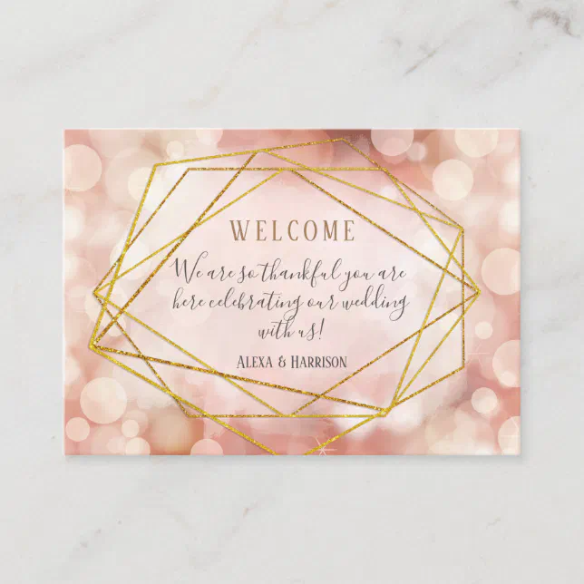 Wedding Welcome Place Cards Geometric Bokeh Pink | Zazzle