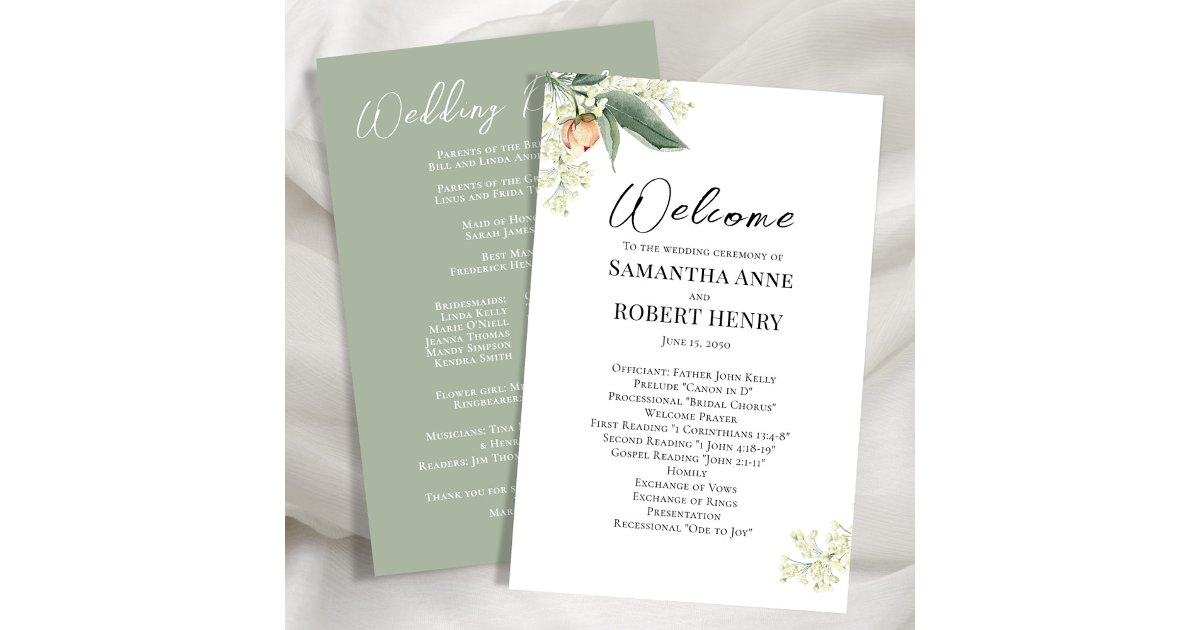 Wedding Welcome Program Floral Green Script | Zazzle