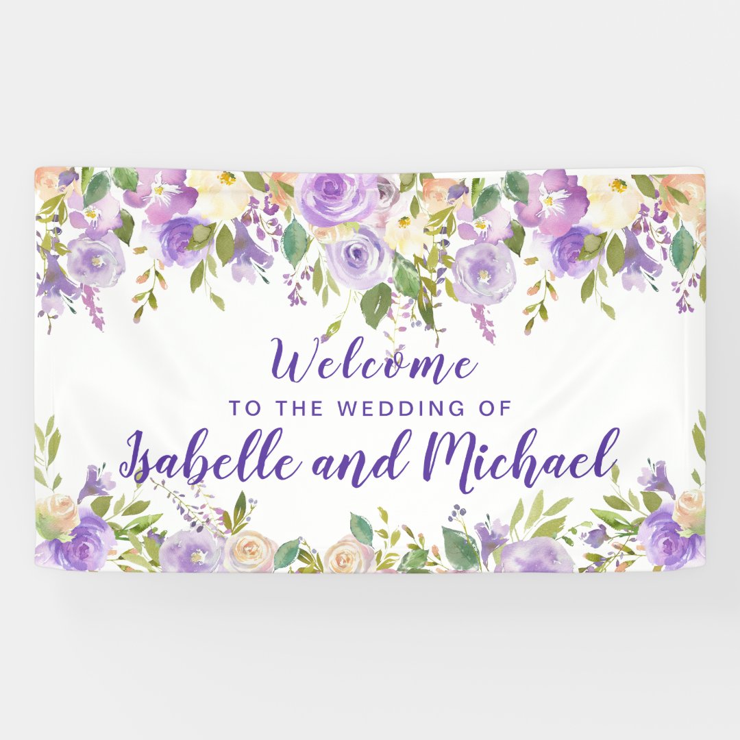 Wedding Welcome Purple and Ivory Floral Watercolor Banner | Zazzle