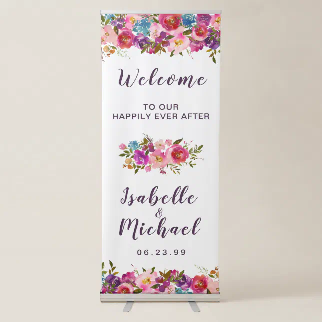 Wedding Welcome Purple and Pink Watercolor Floral Retractable Banner ...