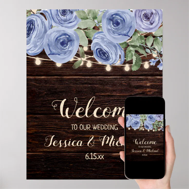 Wedding Welcome Rustic Wood Blue Floral String Poster | Zazzle