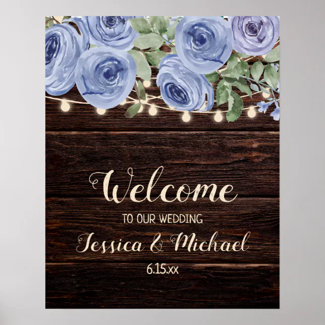 Wedding Welcome Rustic Wood Blue Floral String Poster | Zazzle