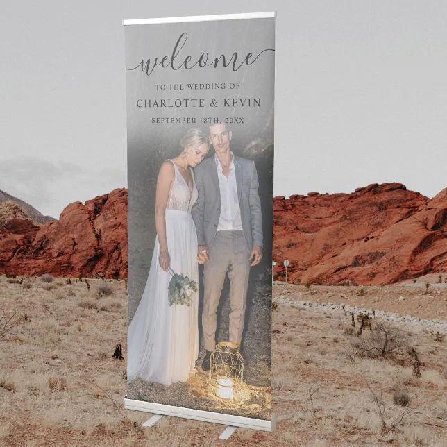 Wedding Welcome Script Full Photo Boho Retractable Banner | Zazzle