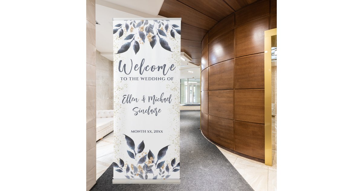 Wedding Welcome Sign Blue Leaves with Gold | Zazzle