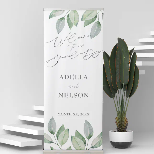 Wedding Welcome Sign Soft Green Leaves Banner | Zazzle