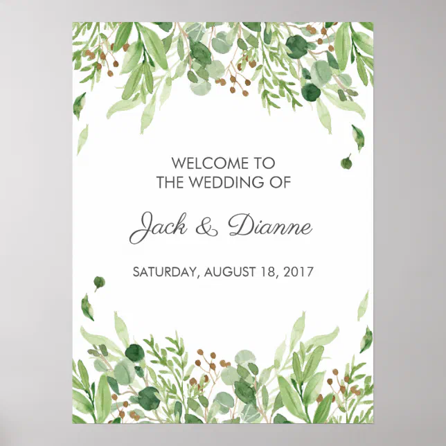 Wedding Welcome Sign Watercolour Green floral | Zazzle