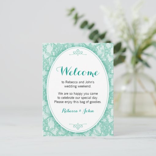Wedding Welcome Teal Lace Postcard | Zazzle