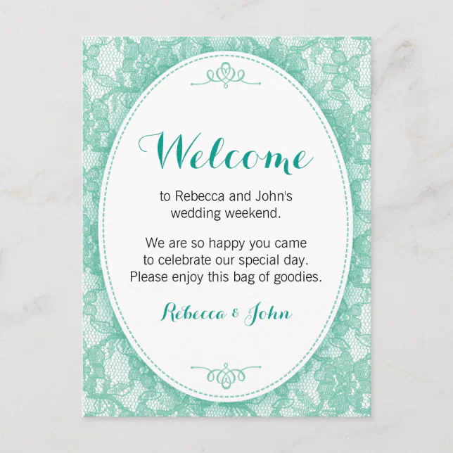 Wedding Welcome Teal Lace Postcard | Zazzle
