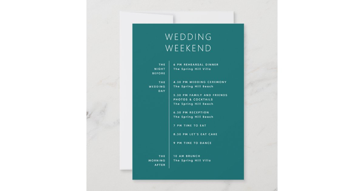Wedding welcome. Teal Weekend itinerary Timeline Invitation | Zazzle