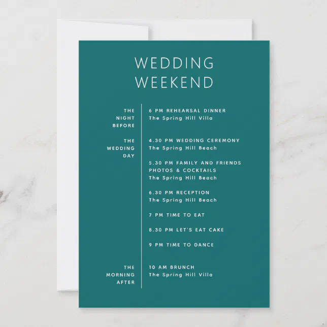 Wedding welcome. Teal Weekend itinerary Timeline Invitation | Zazzle