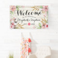 Wedding Welcome Watercolor Pink Flower Rustic Wood Banner | Zazzle