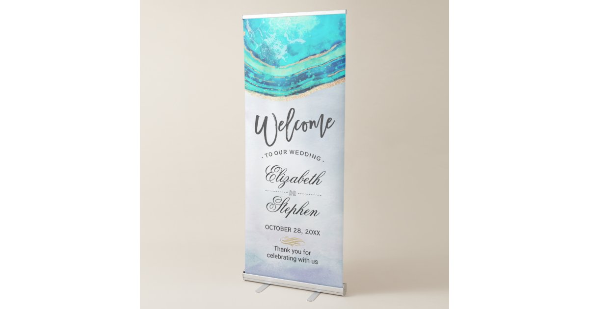 Wedding Welcome Watercolor Teal & Gold Agate Geode Retractable Banner ...