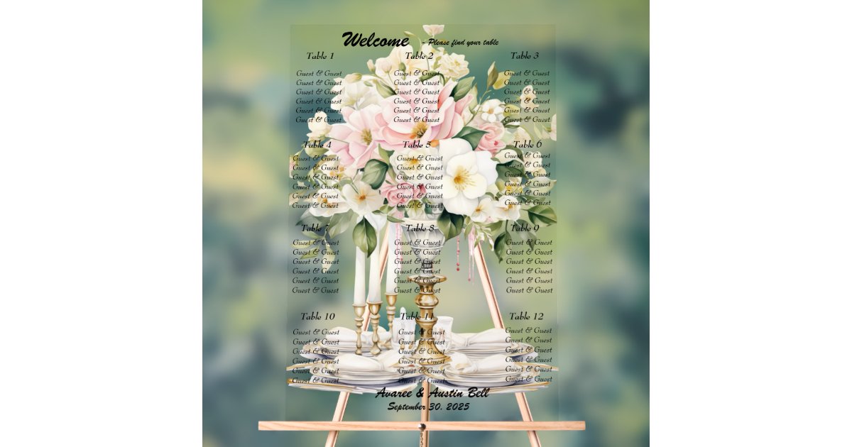 Wedding White and Pink Floral Seating Chart | Zazzle