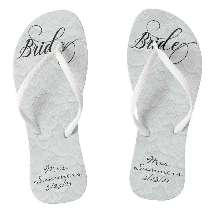 Wedding White Lace Personalized Bride Flip Flops | Zazzle
