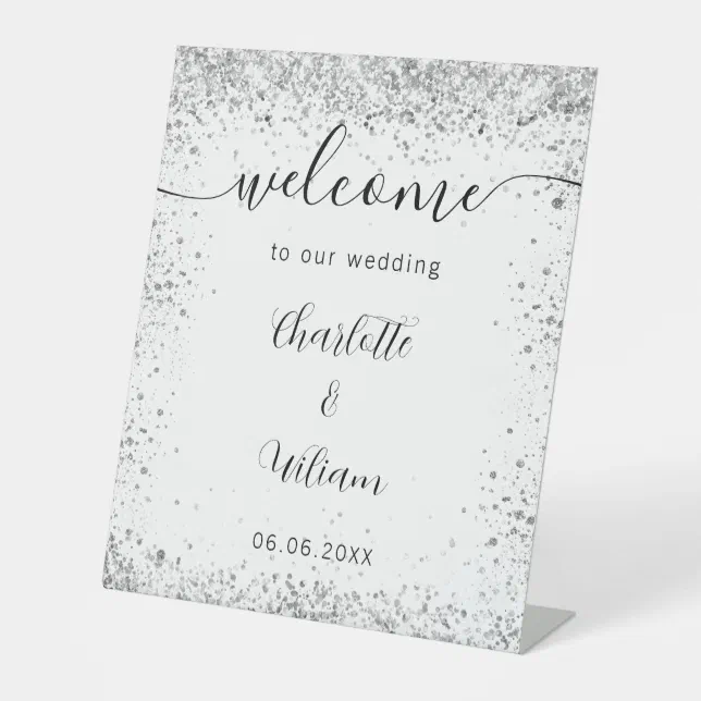 Wedding white silver glitter names script welcome pedestal sign | Zazzle
