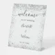 Wedding white silver glitter names script welcome pedestal sign | Zazzle