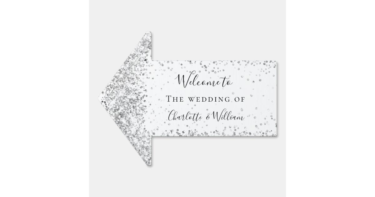 Wedding white silver glitter welcome arrow sign | Zazzle