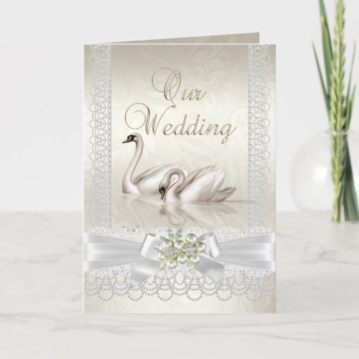 Wedding White swans beige Pearl Lace Photo Invitation | Zazzle
