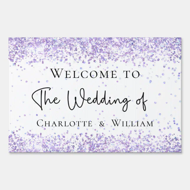 Wedding white violet lavender glitter welcome sign | Zazzle