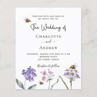 Wedding wildflowers violet pink budget invitation flyer | Zazzle