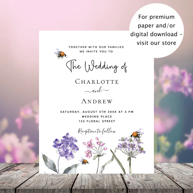 Wedding wildflowers violet pink budget invitation flyer | Zazzle