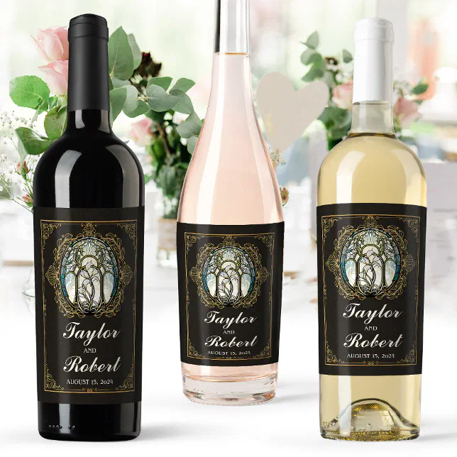 Wedding Wine Label Art Nouveau Stained Glass | Zazzle