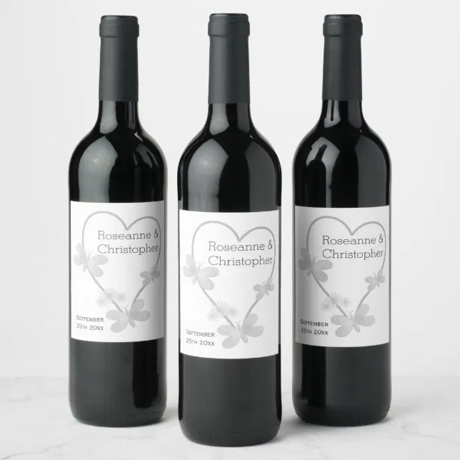 Wedding Wine Label Silver Heart Butterflies | Zazzle