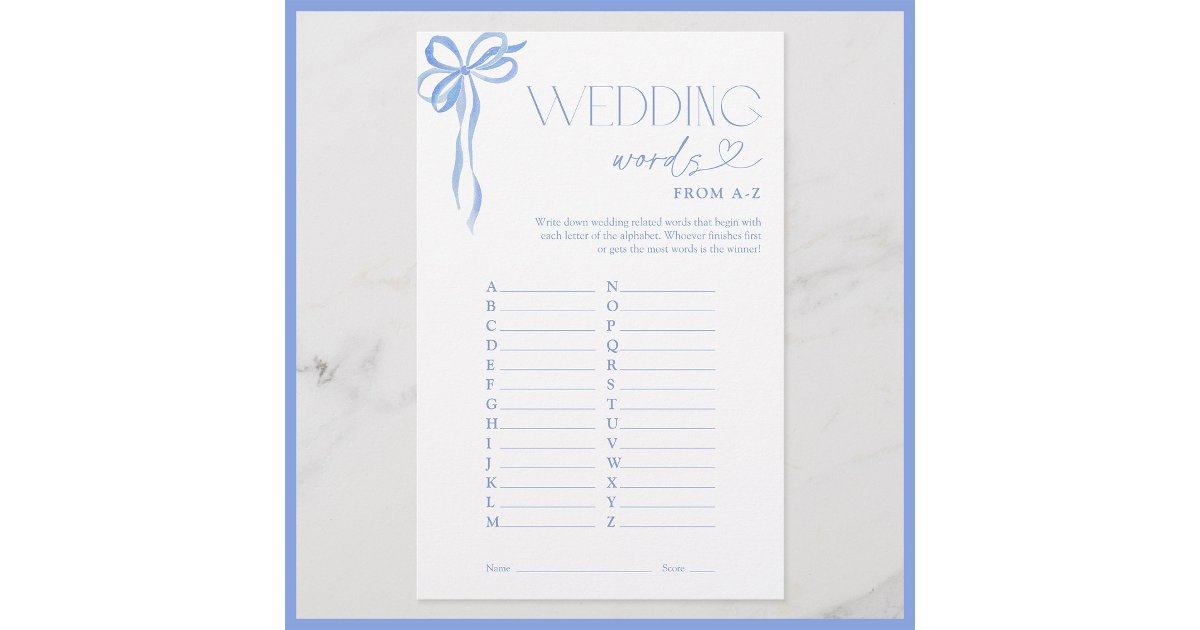 Wedding Words From A-Z Blue Bow Bridal Shower Game | Zazzle