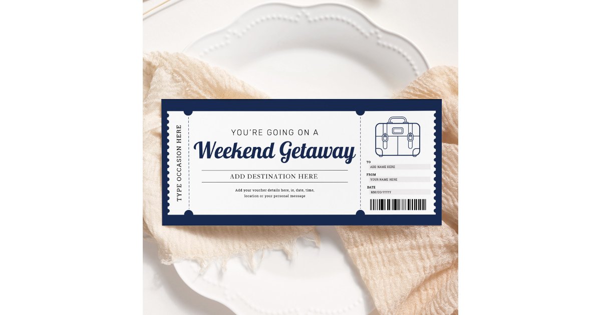 Weekend Getaway Blue Gift Trip Travel Voucher Invitation | Zazzle