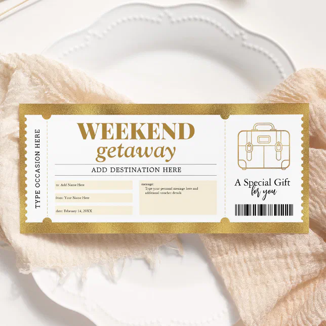 Weekend Getaway Gift Trip Travel Gold Voucher Invitation | Zazzle