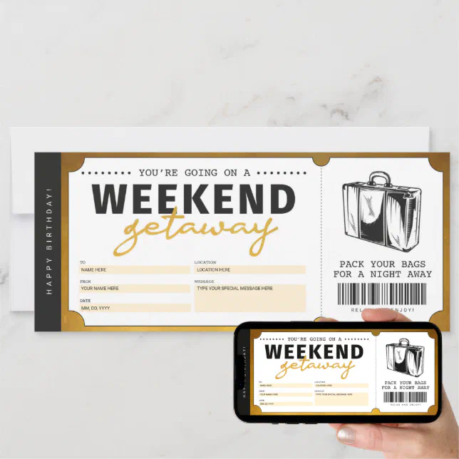 Weekend Getaway Gold Gift Travel Ticket Voucher Invitation | Zazzle
