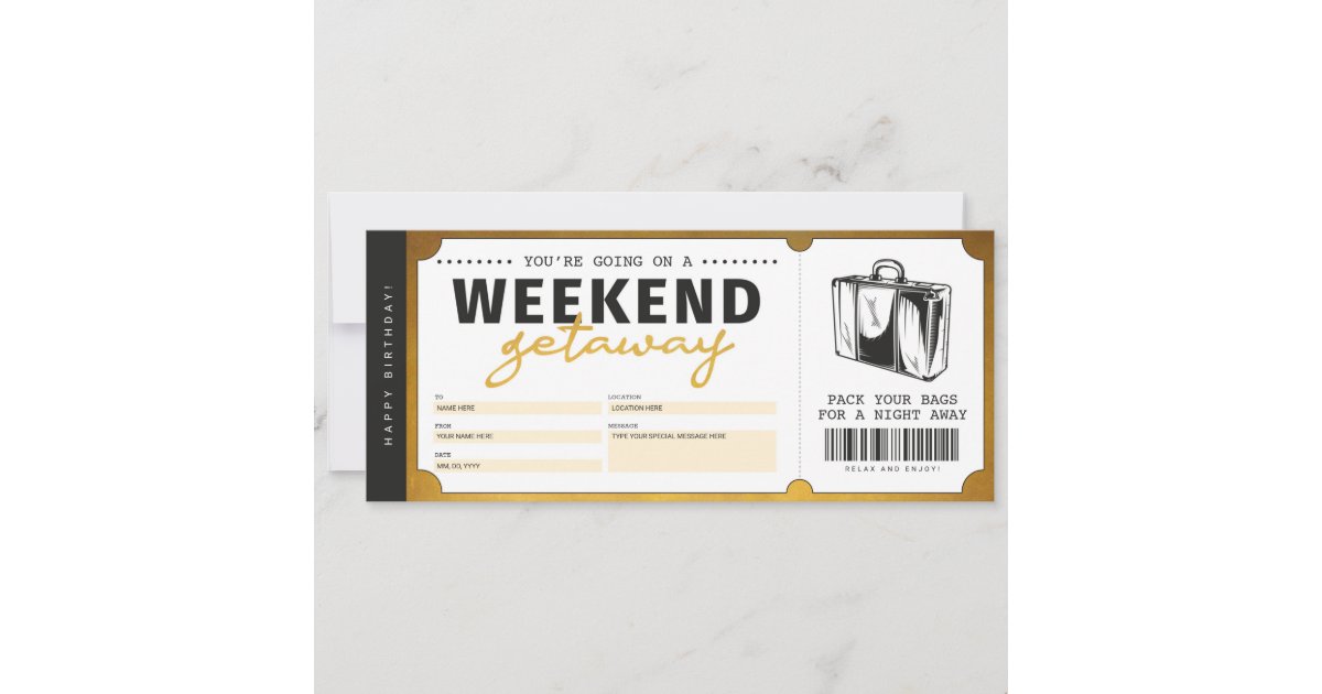 Weekend Getaway Gold Gift Travel Ticket Voucher Invitation | Zazzle