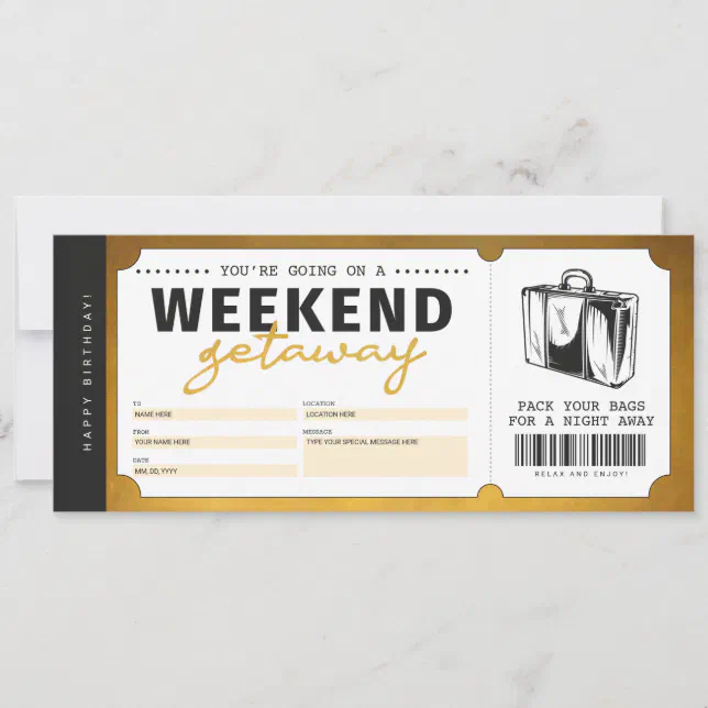 Weekend Getaway Gold Gift Travel Ticket Voucher Invitation | Zazzle