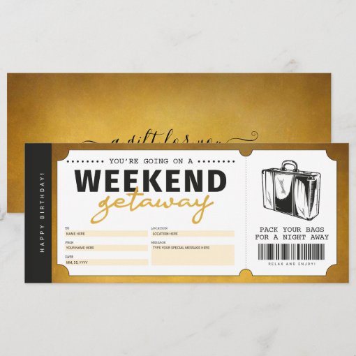 Weekend Getaway Gold Gift Travel Ticket Voucher Invitation | Zazzle