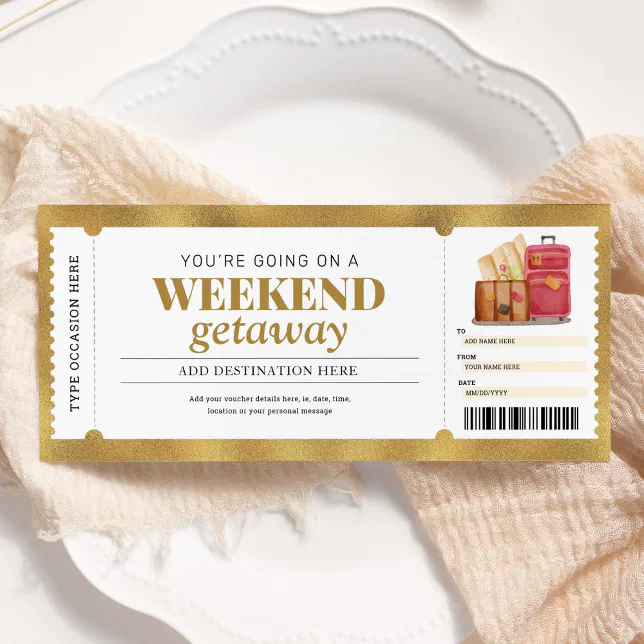 Weekend Getaway Gold Gift Trip Travel Voucher Invitation | Zazzle