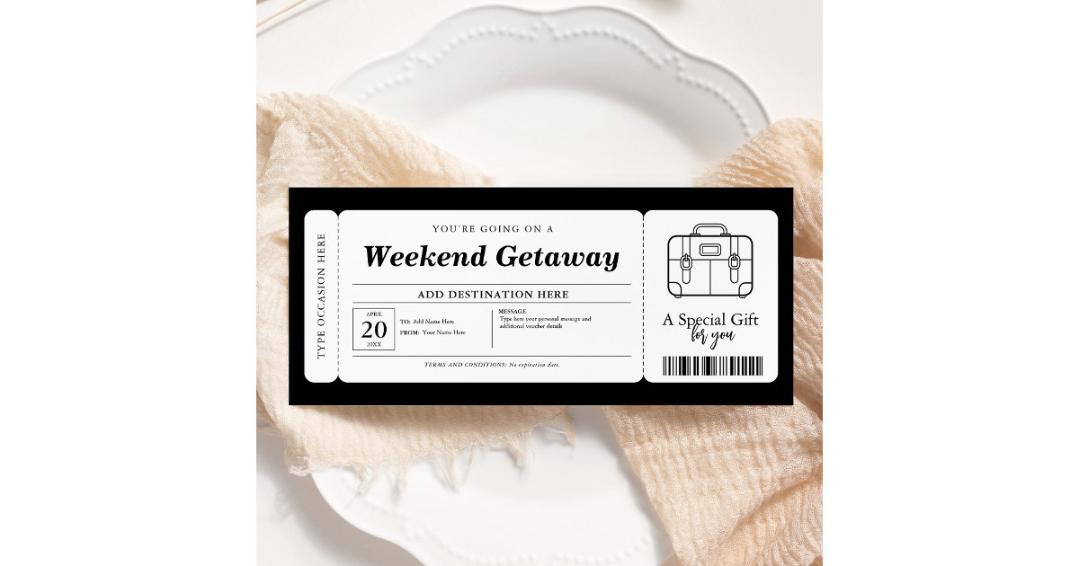 Weekend Getaway Surprise Gift Ticket Voucher Invitation | Zazzle