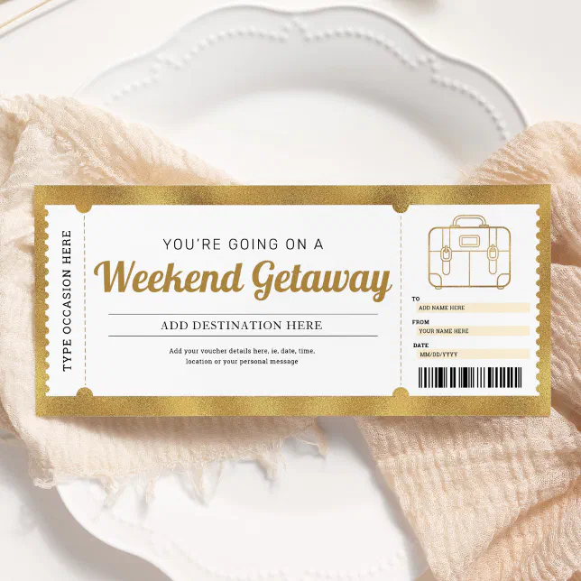 Weekend Getaway Trip Gold Gift Travel Voucher Invitation | Zazzle