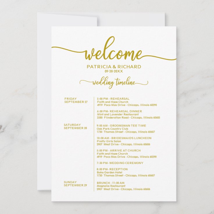 Weekend Wedding Schedule Elegant Gold Calligraphy Invitation | Zazzle