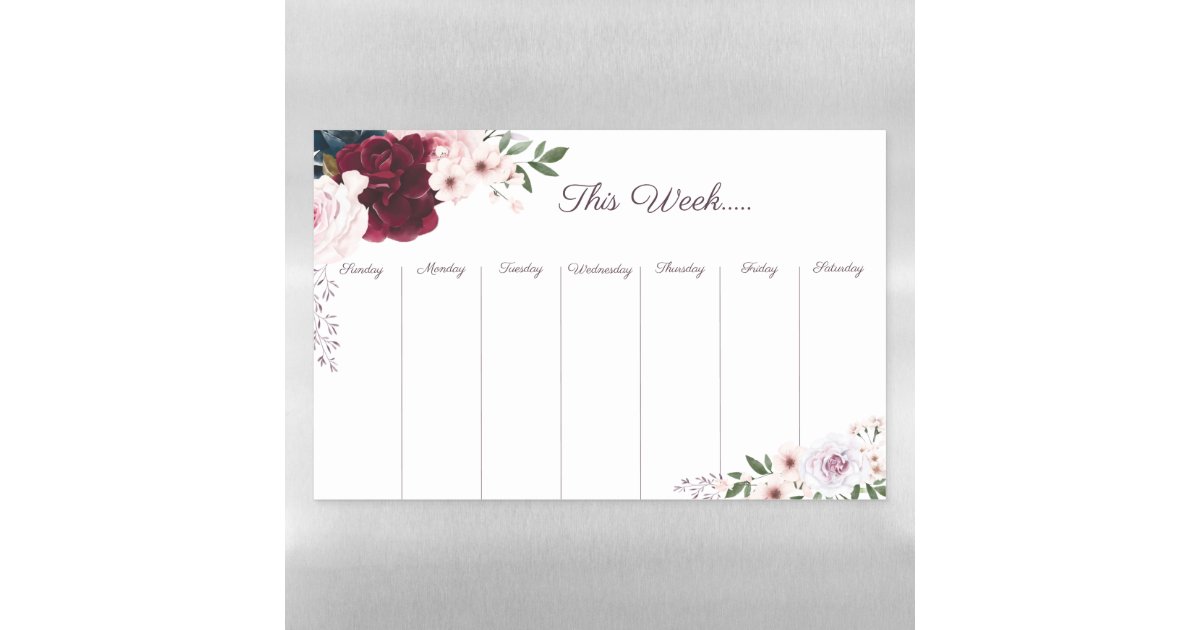 Weekly Calendar Burgundy & Blue Watercolor Flowers Magnetic Dry Erase ...
