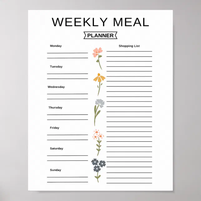 Weekly Meal Planner Printable Poster | Zazzle
