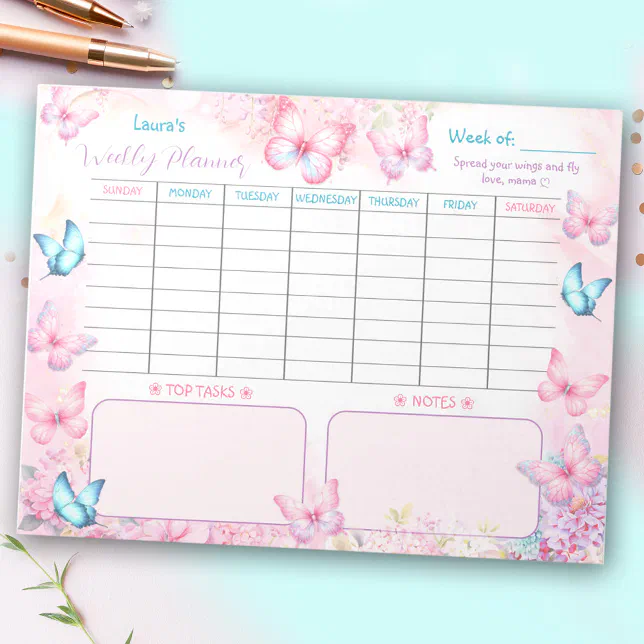 Weekly Planner Butterfly Pink Purple Floral Name Notepad | Zazzle